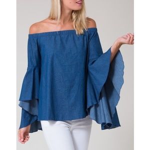 Tops | Denim Off Shoulder Ruffle Bell Sleeve Shirt Top | Poshmark